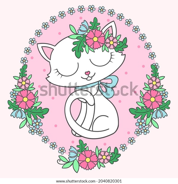 Cute White Cartoon Cat Oval Frame Stock Vector (Royalty Free ...