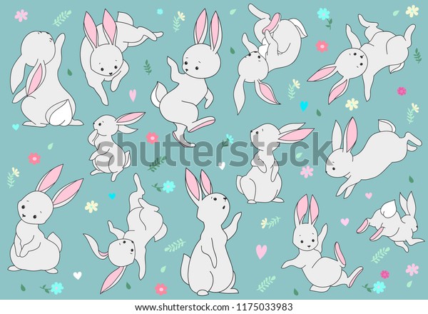 Cute White Rabbit Bunny Collection Flowers Stock Vector (Royalty Free ...