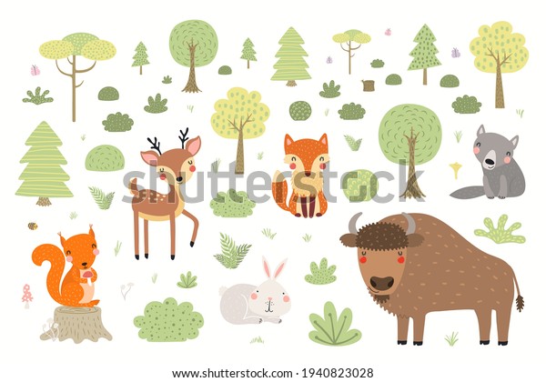 Cute Wild Animals Forest Scene Woodland: เวกเตอร์สต็อก (ปลอดค่า ...