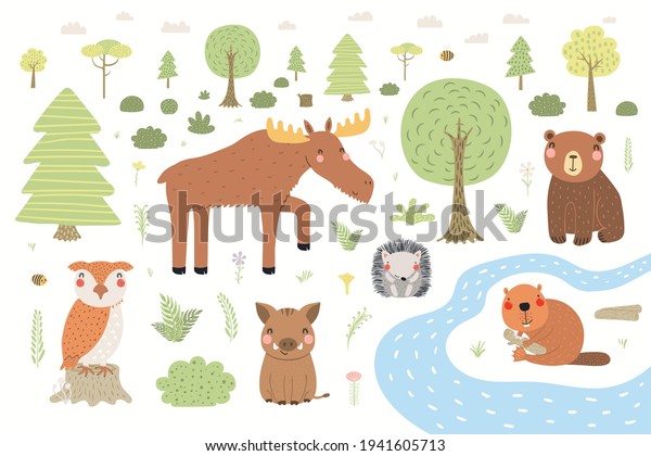 Cute Wild Animals Forest Scene Woodland: เวกเตอร์สต็อก (ปลอดค่า ...