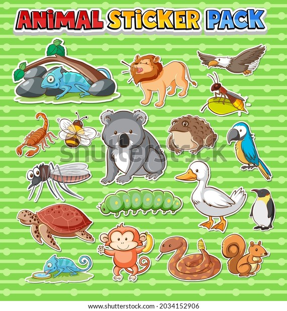 Cute Wild Animals Sticker Pack Isolated Stock Vector (Royalty Free ...