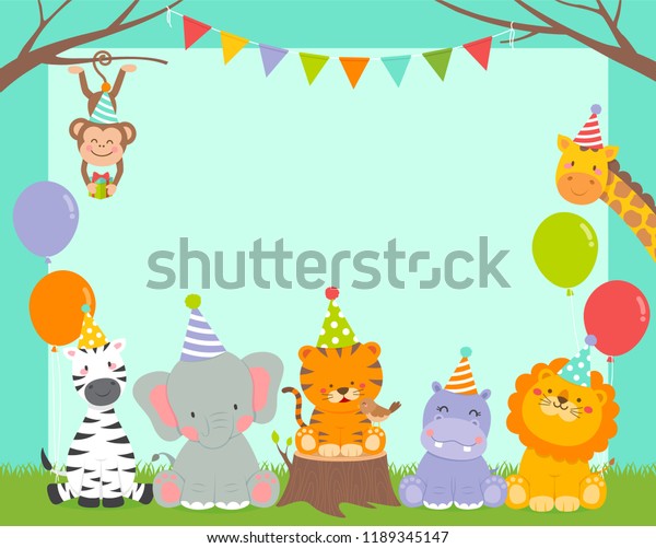 Cute wildlife cartoon animals border design for kids party invitation ...
