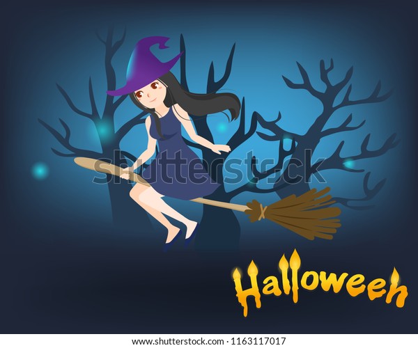 Cute Witch Sitting On Broom Childrens Stock Vector (Royalty Free ...