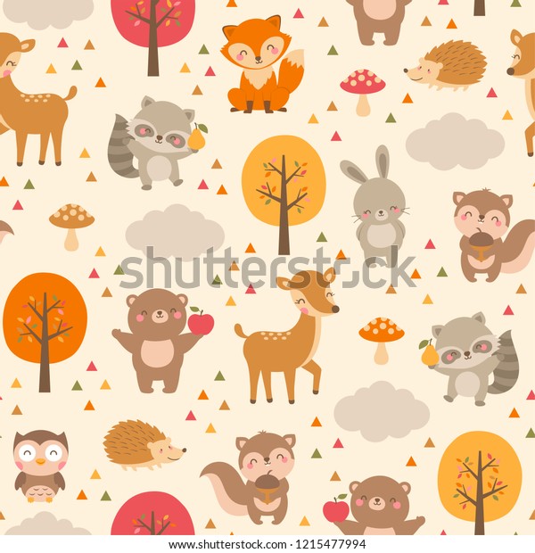 Cute Woodland Animals Seamless Pattern Background Stock Vector (Royalty ...