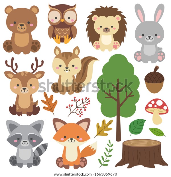 Cute Woodland Animals Set Forest Elements Stock Vector (Royalty Free ...