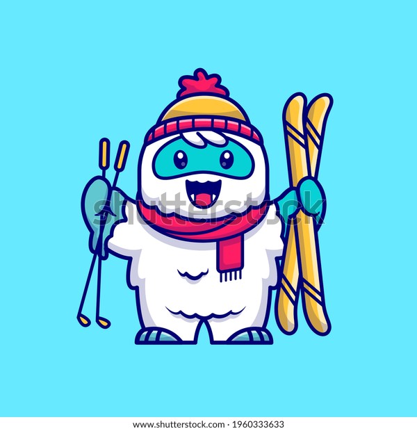 Cute Yeti Playing Ski Cartoon Vector Icon Illustration. Animal Sport ...