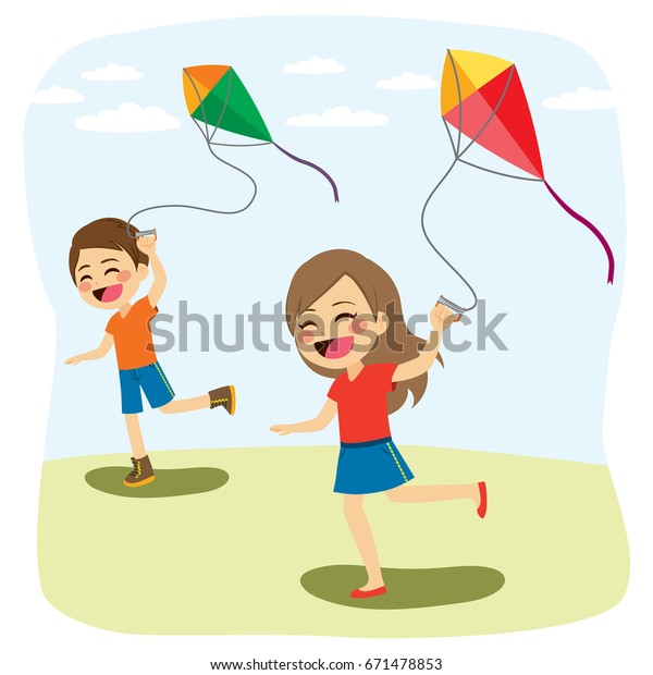 Cute Young Children Friends Playing Flying Stock Vector (Royalty Free ...
