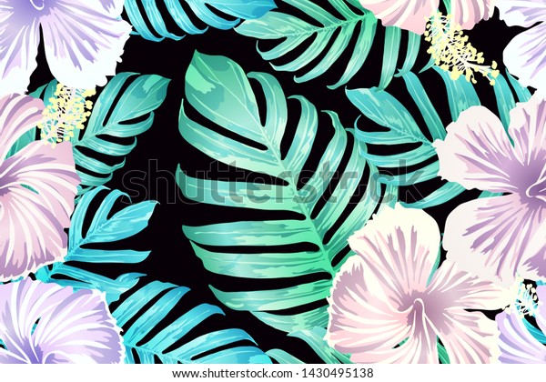 Cyan Exotic Pattern Monstera Hibiscus Flowers Stock Vector (Royalty ...