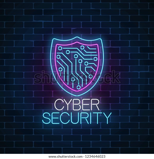 Cyber security glowing neon sign on dark brick wall background ...