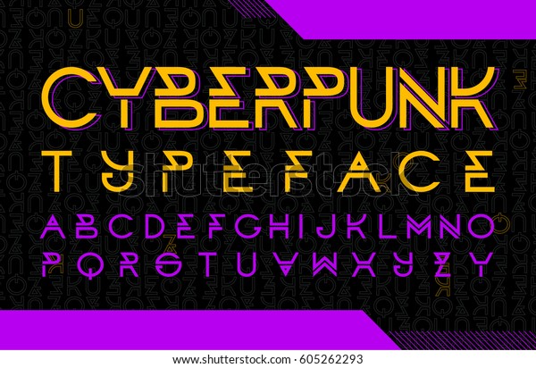 Cyberpunk typeface design. Modern style font with code background.