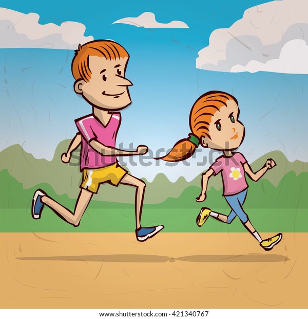 Dad Daughter Jogging Hand Drawn Cartoon: Stock-Vektorgrafik (Lizenzfrei ...