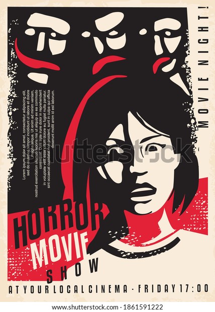 Daemons and monsters horror poster with scared girl. Retro poster for ...