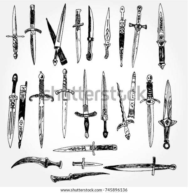 Daggers Knifes Hand Drawn เวกเตอร์สต็อก (ปลอดค่าลิขสิทธิ์) 745896136