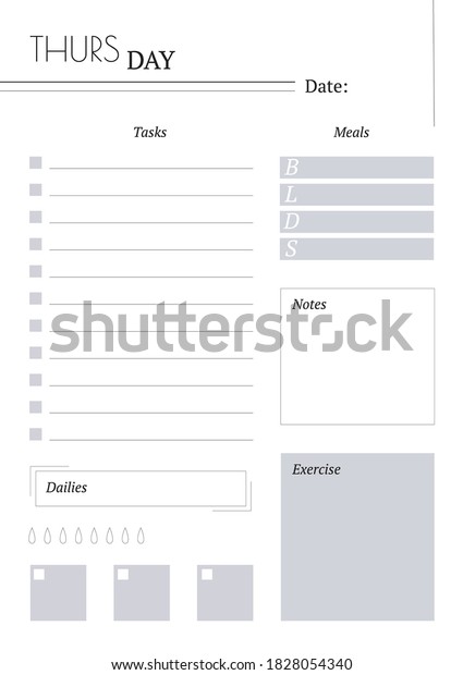 Daily Planner Thursday Printable Template Vector Stock Vector (Royalty ...