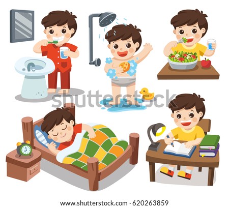 Daily Routine Cute Boy On White เวกเตอร์สต็อก (ปลอดค่าลิขสิทธิ์ ...