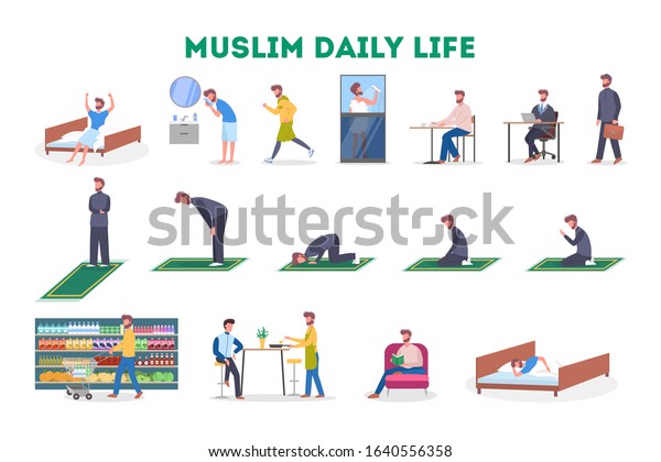 Daily Routine Muslim Man Set Male Stock Vector (Royalty Free ...