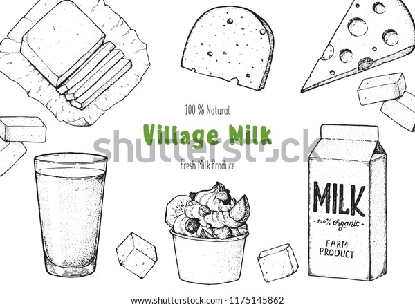 Dairy Produce Hand Drawn Vector Illustration: เวกเตอร์สต็อก (ปลอดค่า ...