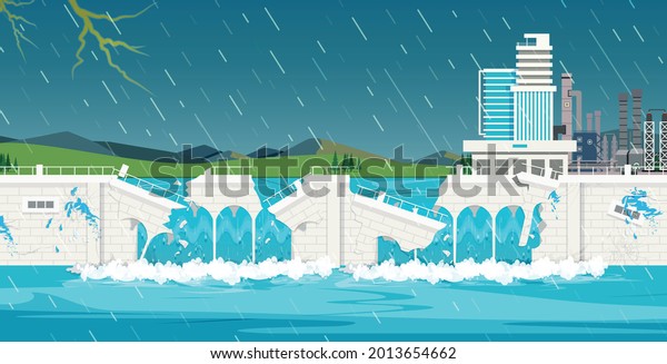 Dam Wall Broken Due Overflow Severe Stock Vector (Royalty Free ...