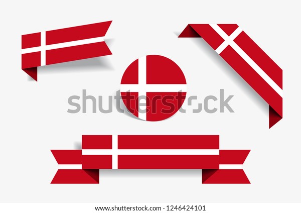 Danish flag stickers and labels set. Vector illustration.