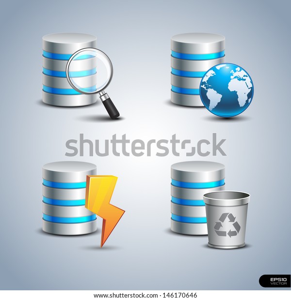 Database Icons Magnifying Glass Globe Bolt Stock Vector (Royalty Free ...