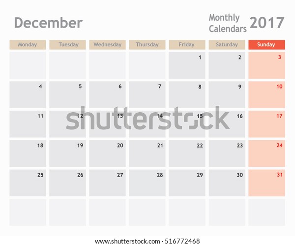 December 2017 calendar planner, monthly calendar, vector illustrator
