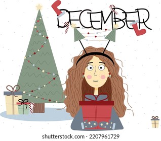 December Cute Girl Flat Vector Illustration Stock Vector (Royalty Free ...