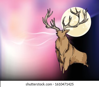 Deer On Moon Background Hand Drawn Stock Vector (Royalty Free ...
