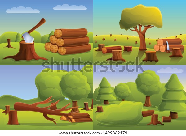 Deforestation Forest Banner Set Cartoon Illustration Arkivvektor ...