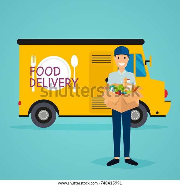 Delivery Man Track Food Delivery Flat: เวกเตอร์สต็อก (ปลอดค่าลิขสิทธิ์ ...