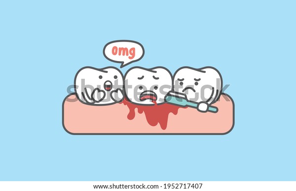 Dental cartoon of white teeth bleeding while cleaning by brushing with ...