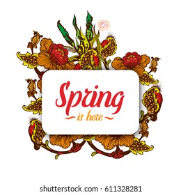 Design Banner Spring Here Sign Card Stock Vector (Royalty Free ...
