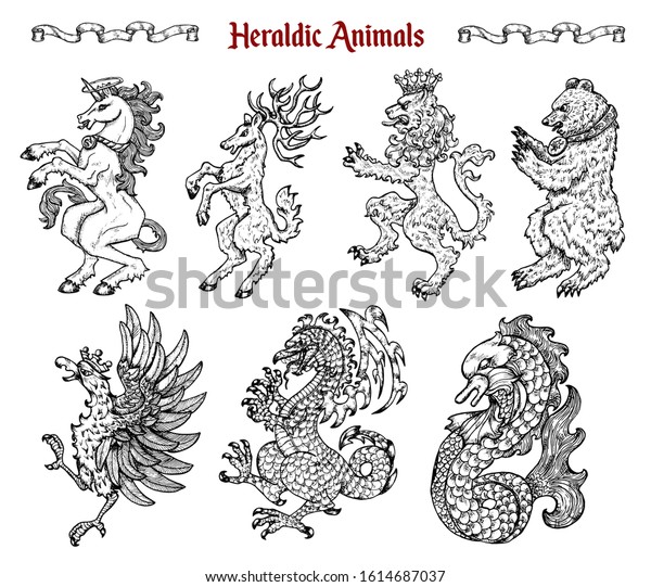 Design Set Collection Heraldic Beasts Animals Stock Vector (Royalty ...