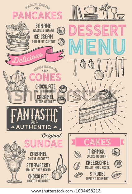 Menú de postre en el restaurante. Volante de vectores para bar y ...