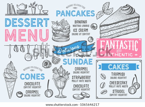 Menú de postre en el restaurante. Volante de vectores para bar y ...