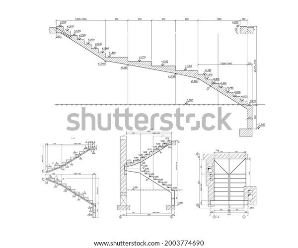 Detailed Architectural Plan Stairs Construction Industrial Stock Vector ...