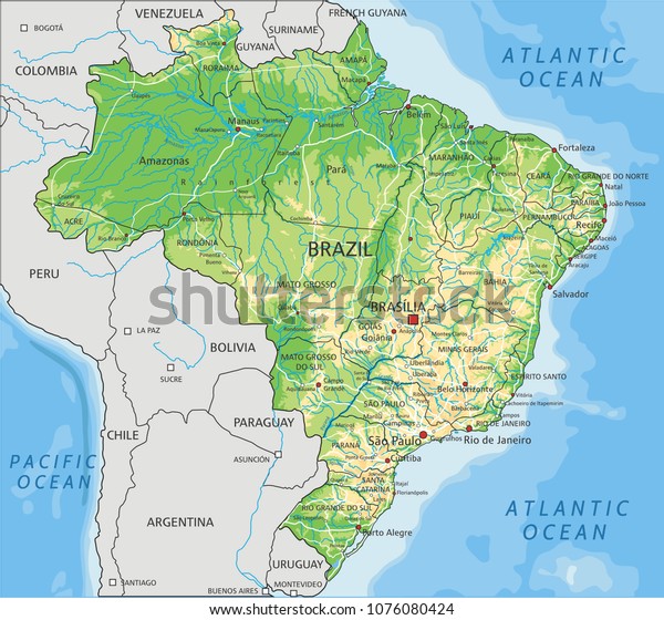 Detailed Brazil Physical Map Stock Vector (Royalty Free) 1076080424