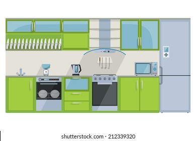 Detailed Illustration Fully Equipped Kitchen Green Stock Vector ...