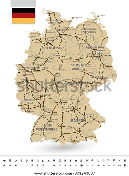 Detailed Map Germany Highways Railroads Water Stock Vector (Royalty ...