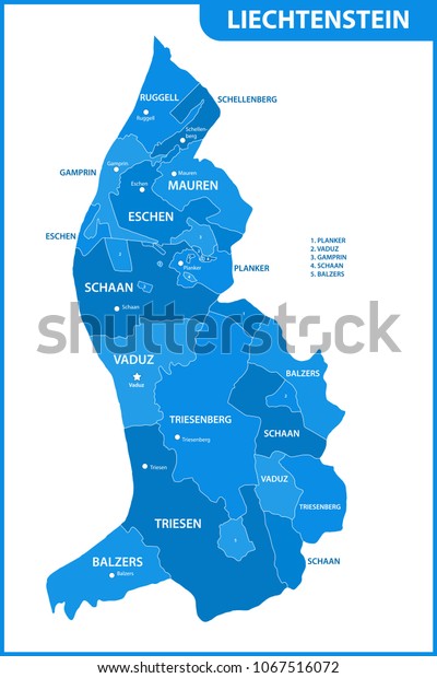 Detailed Map Liechtenstein Regions States Cities Stock Vector (Royalty ...