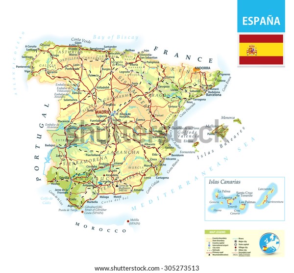 Detailed Physical Map Spain Roadsrailroads Citiesdetailed : image ...