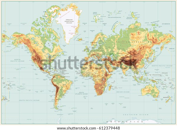 Detailed Physical World Map Retro Colors Stock Vector (Royalty Free ...
