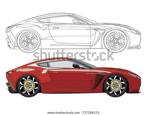 detailed side of a flat red car cartoon vector with black stroke option ...