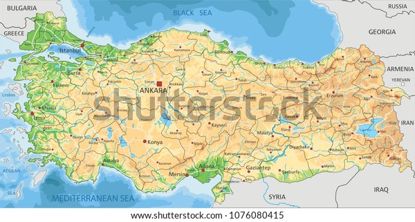 Detailed Turkey Physical Map Stock Vector (Royalty Free) 1076080415 ...