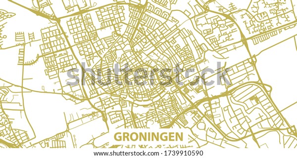 Mapa vectorial detallado de Groningen en oro con título, escala 1:10 ...