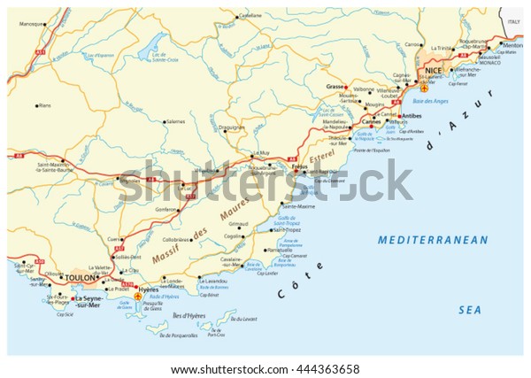 Detailed Vector Road Map French Riviera : image vectorielle de stock ...