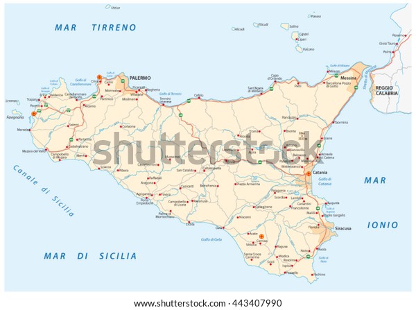 Detailed Vector Road Map Island Sicily Stock Vector (Royalty Free ...