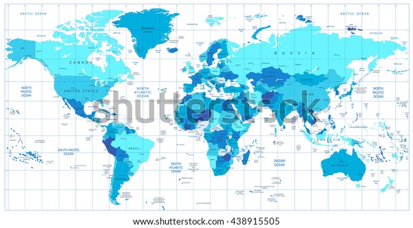 Detailed World Map in colors of blue. All elements are separated in ...
