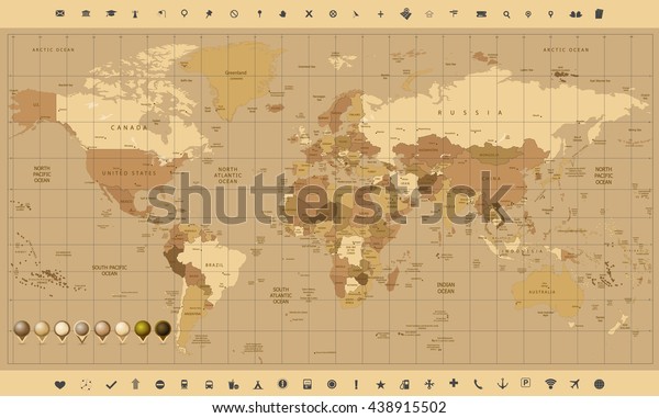 Detailed World Map Colors Brown Glossy: vector de stock (libre de ...