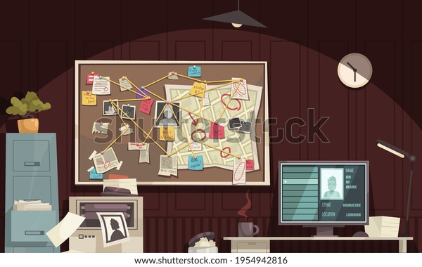 Detective Office Interior Flat Cartoon Composition: เวกเตอร์สต็อก (ปลอด ...