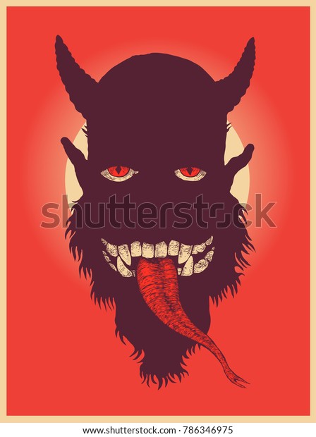 Devil. Comic character. Eyes, teeth, snake tongue on a dark silhouette ...